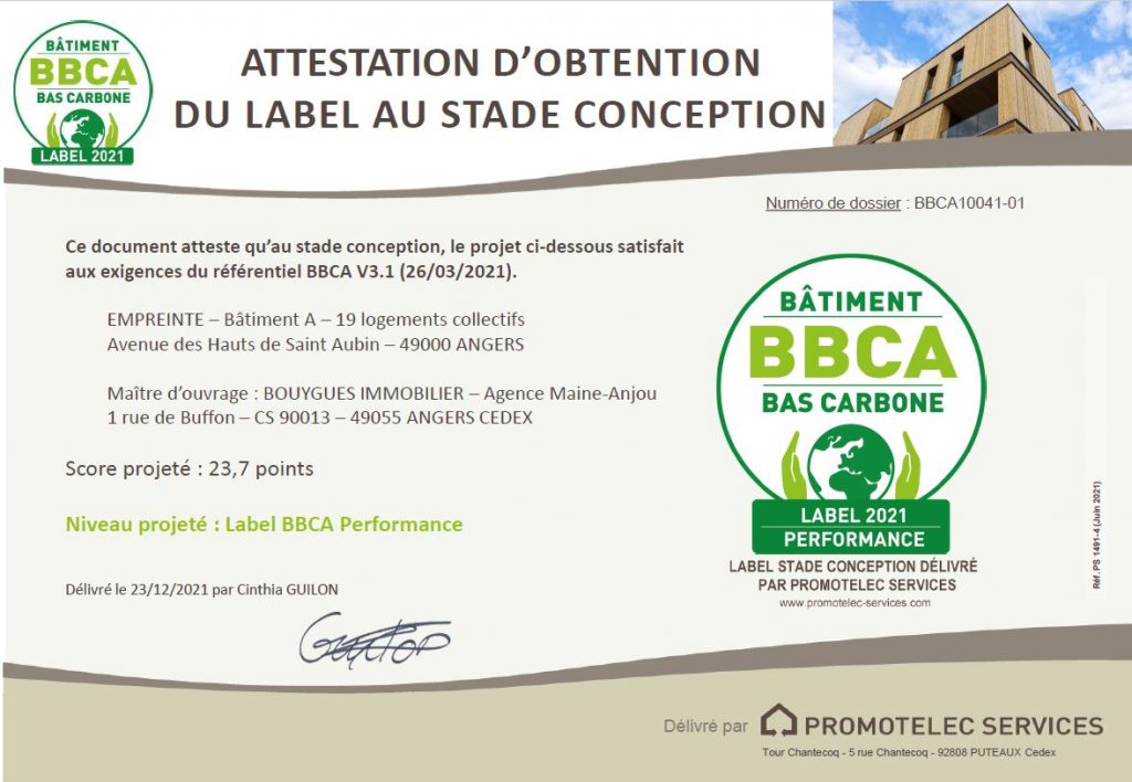 Empreinte - Bâtiment BBCA Bas carbone - label 2021 - AB Ingénierie